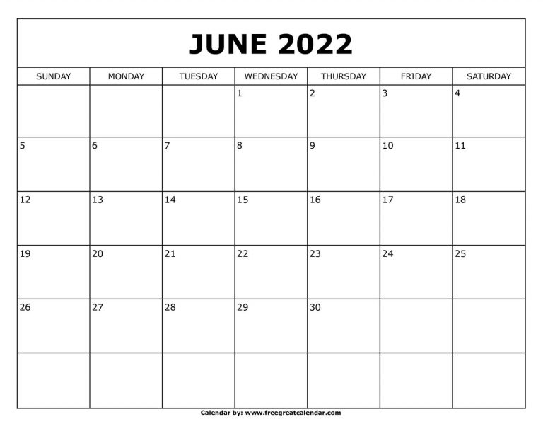 Free Printable June 2022 Calendar