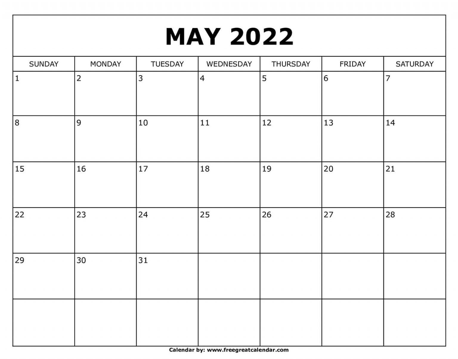Free Printable May 2022 Calendar
