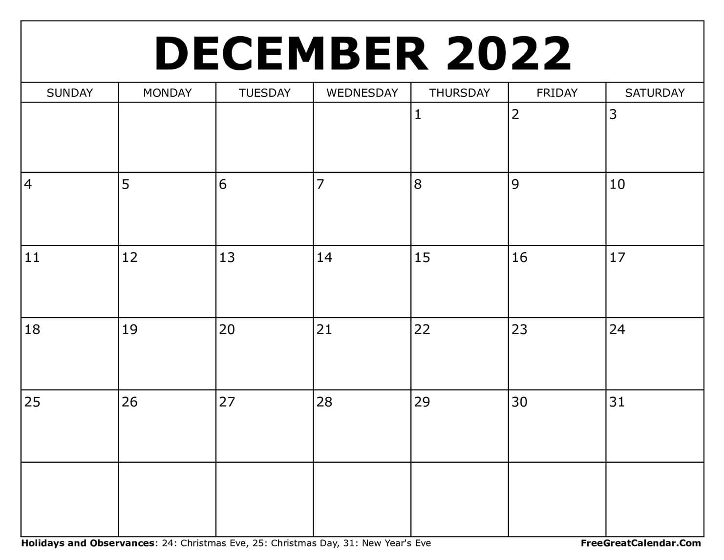 Free Printable December 2021 Calendar