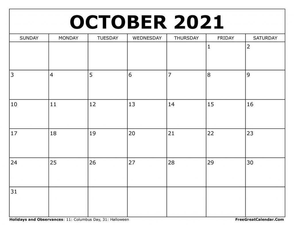 Free Printable October 2021 Calendar