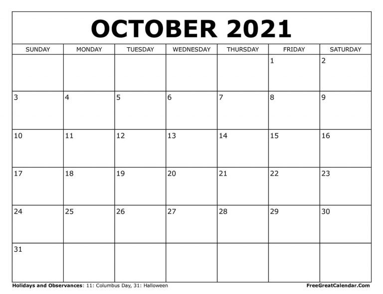 Free Printable October 2021 Calendar